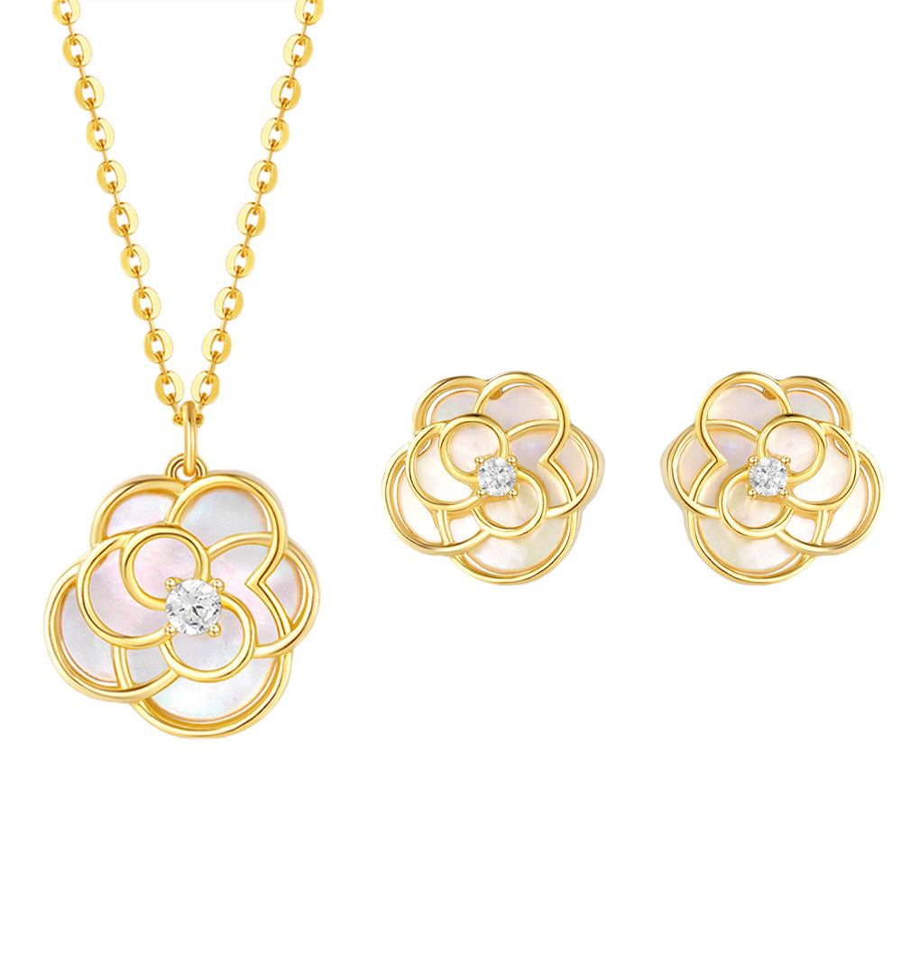 CHOW TAI SENG S925 Silver Camellia White Shell Necklace Jewelry Set – ChowTaiSeng